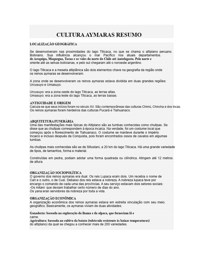 Cultura Aymaras Resumo | PDF | Império Inca | Bolívia