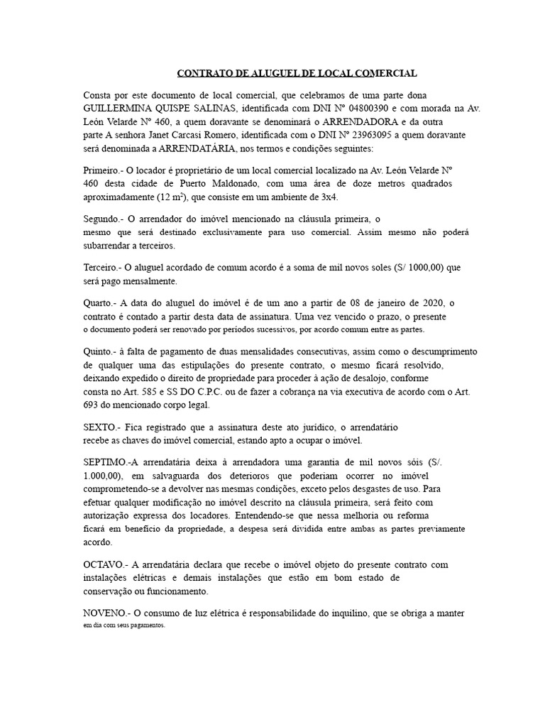 Contrato de Aluguel Comercial em Puerto Maldonado | PDF | Leasing | Aluguel
