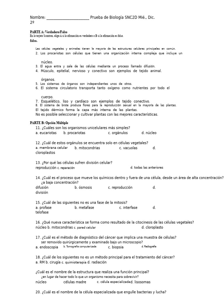 Examen de Biología SNC2D: Preguntas y Respuestas | PDF | Biología ...