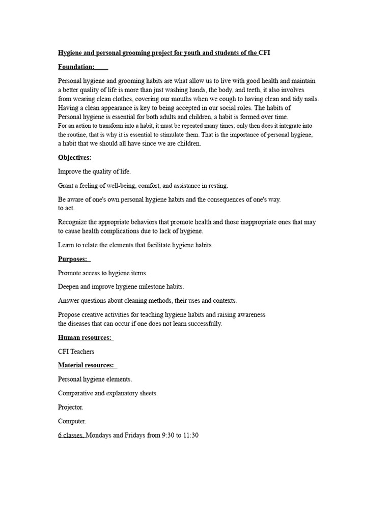Youth Personal Hygiene Project Overview | PDF