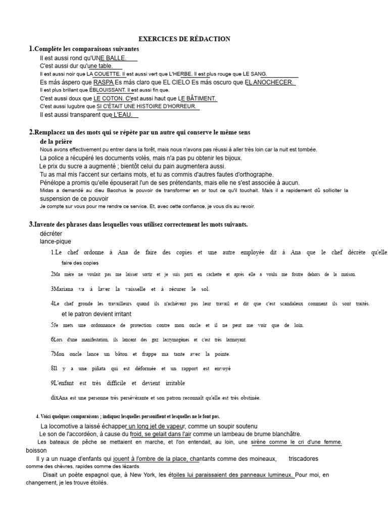 Exercices de rédaction et comparaisons | PDF