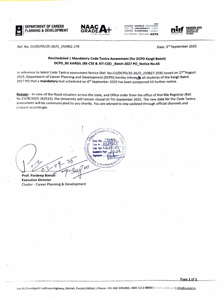 Reschedule Mandatory Code Tantra Assessment_BE-Kargil Batch 2027 PO | PDF