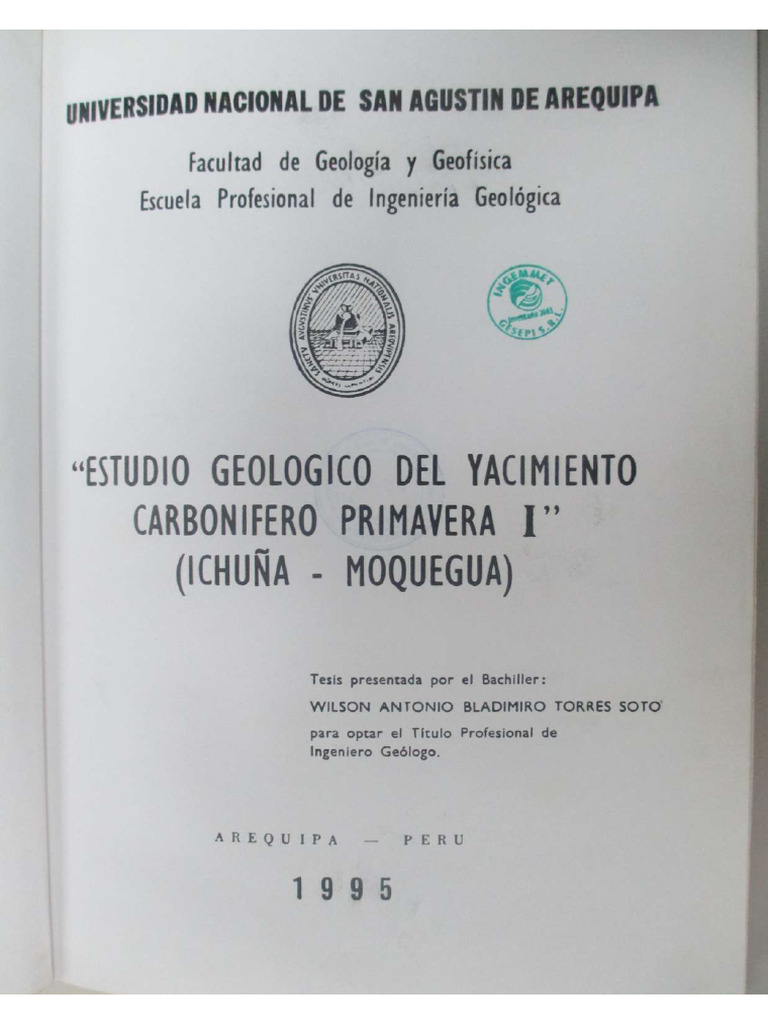 Estudio Geologico Del Yacimiento Carbonifero-Ichuña - Torres, W. (1995) . | PDF