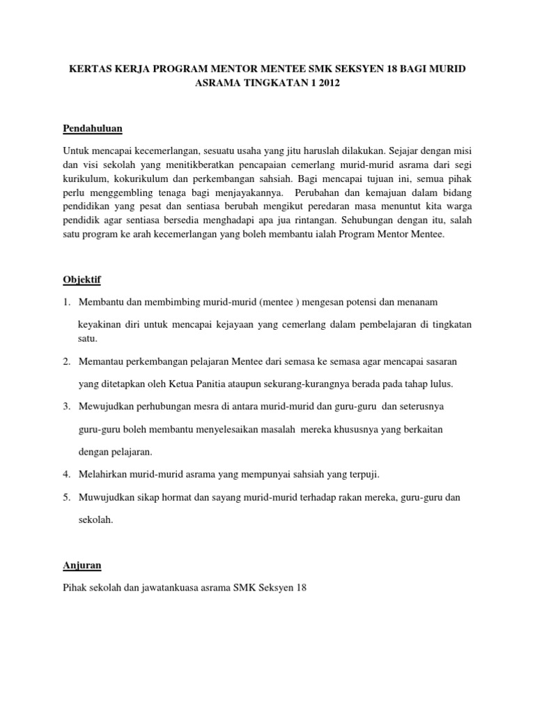 Kertas Kerja Program Mentor Mentee SMK Seksyen 18 Bagi Murid Asrama Tingkatan 1 2012 | PDF