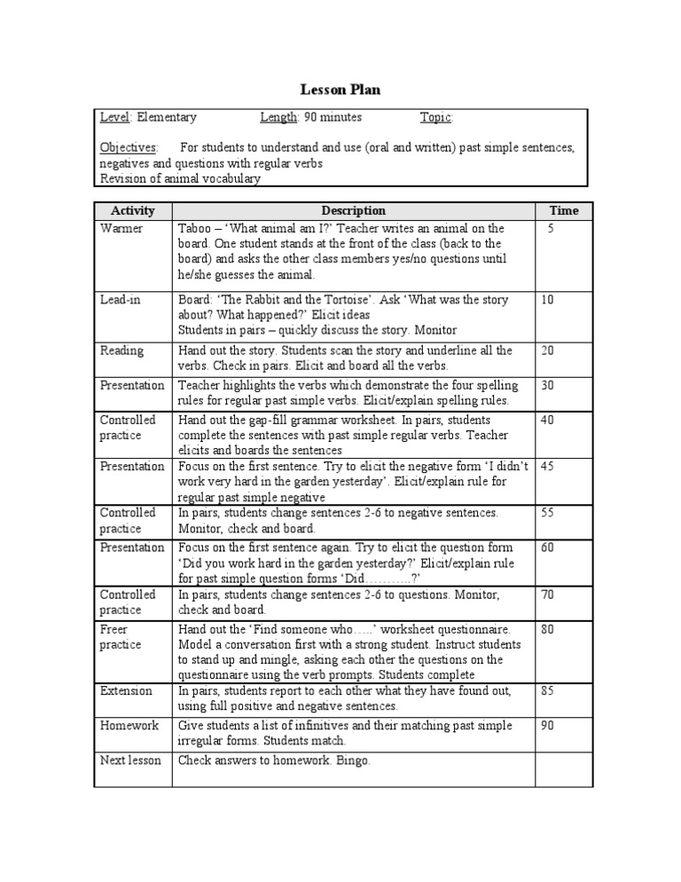 1 Lesson Plan Past Simple Regular Verbs | PDF