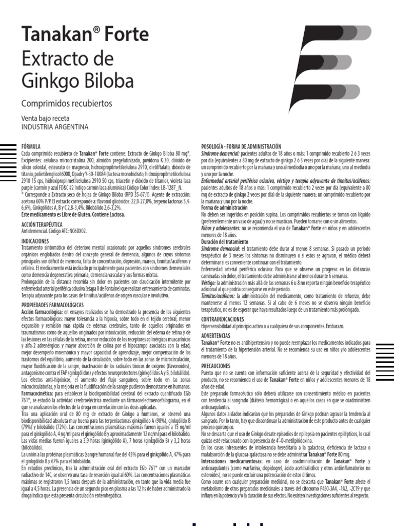 Tanakan® Forte: Usos y Dosificación | PDF | Tinnitus | Medicamentos con ...