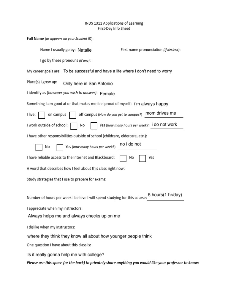 INDS 1311 First-Day Info Sheet | PDF
