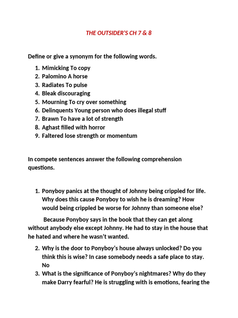 (The Outsiders Chapters 7 8) The OUTSIDER's CH 7 & 8 | PDF