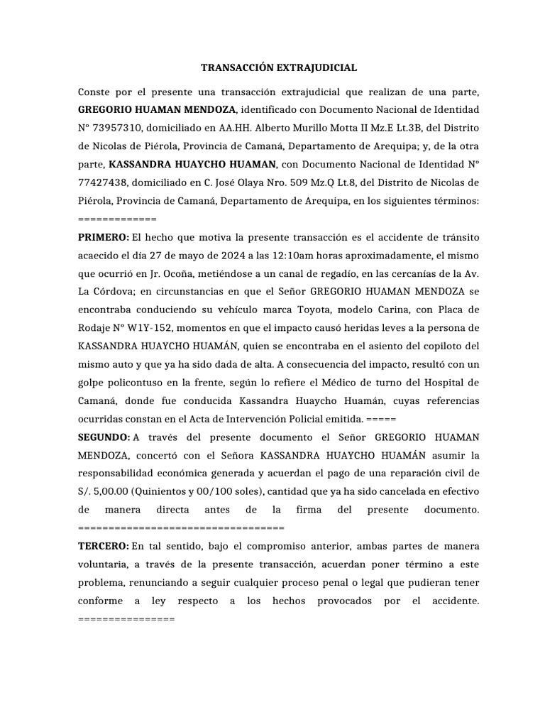 Transacción Extrajudicial | PDF