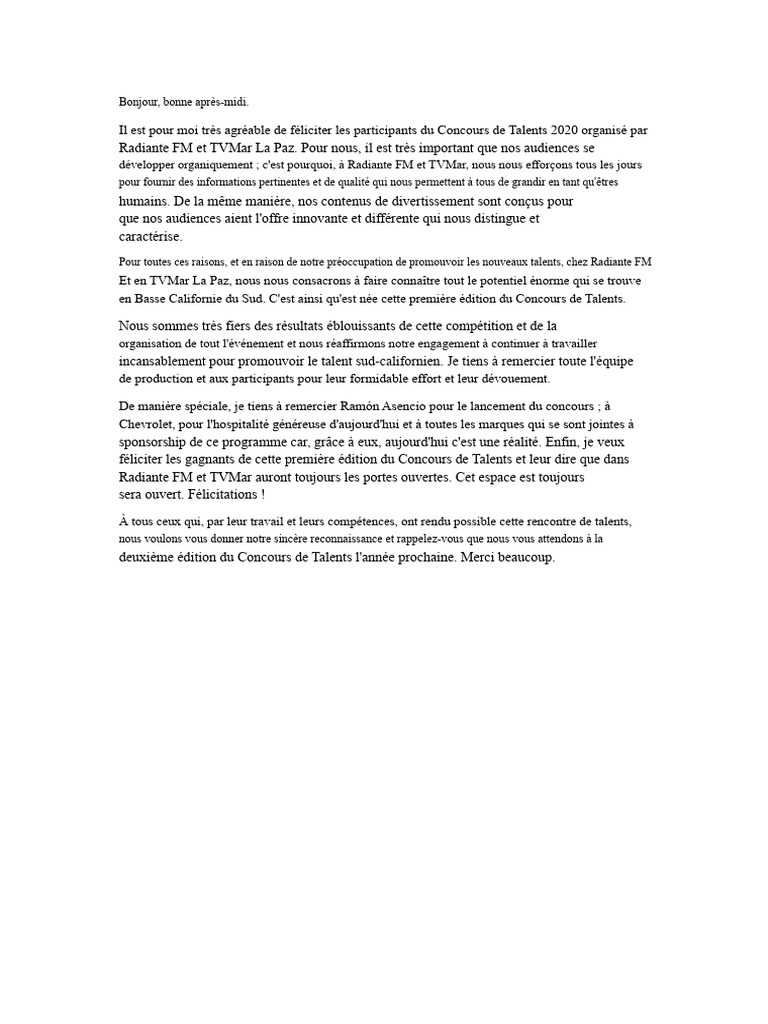 Concours de Talents 2020 : Célébration et Engagement | PDF