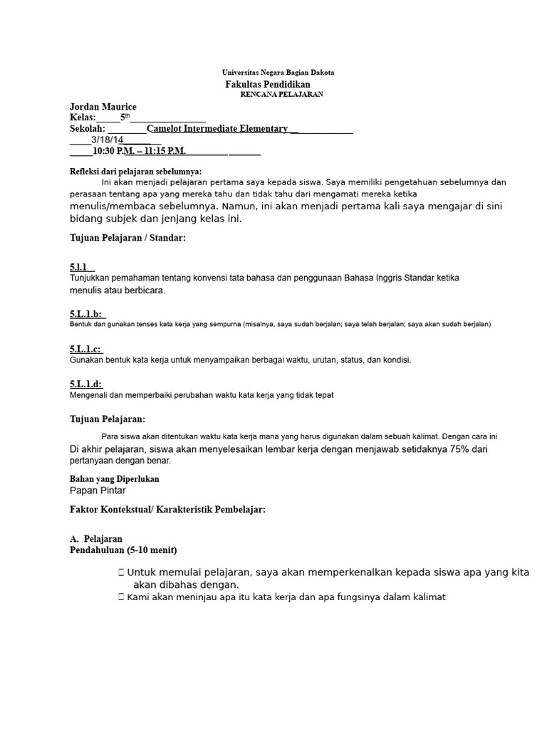 Rencana Pelajaran Tenses Kata Kerja Kelas 5 | PDF