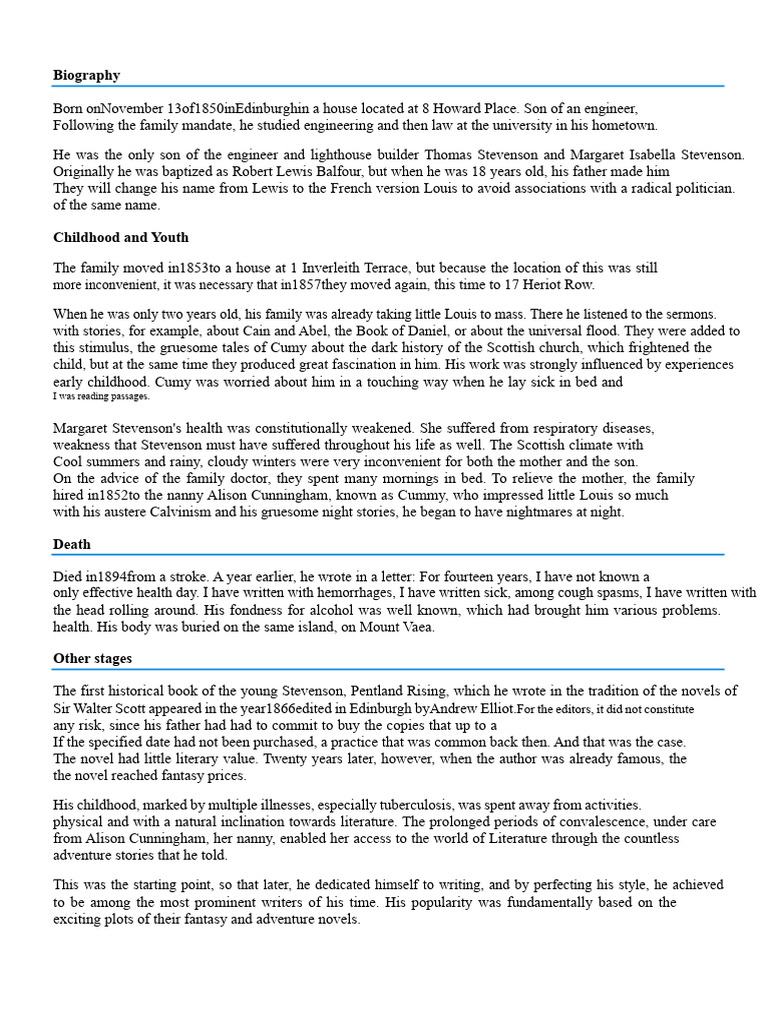 Robert Louis Stevenson Biography and Works | PDF | Robert Louis Stevenson