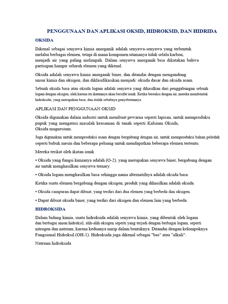 Aplikasi Oksida, Hidroksida, dan Hidrid | PDF