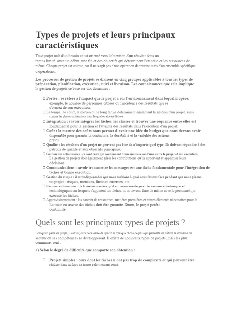 Types de projets et caractéristiques clés | PDF | Gestion de projet ...
