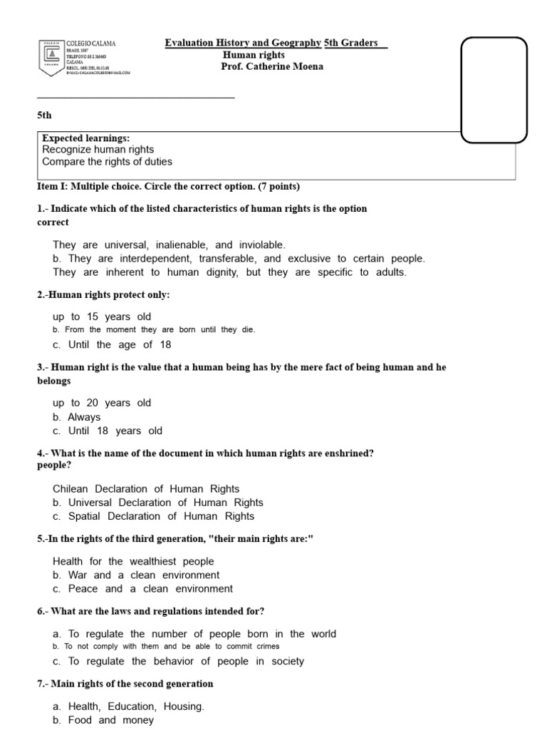 Evaluation 5th Human Rights | PDF | Human Rights | Justice