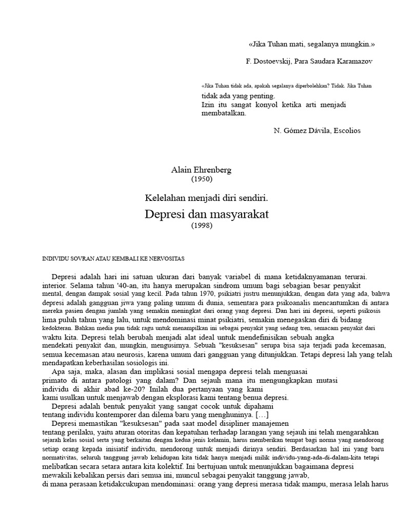 Ehrenberg, Kelelahan Menjadi Diri Sendiri. Depresi Dan Masyarakat | PDF