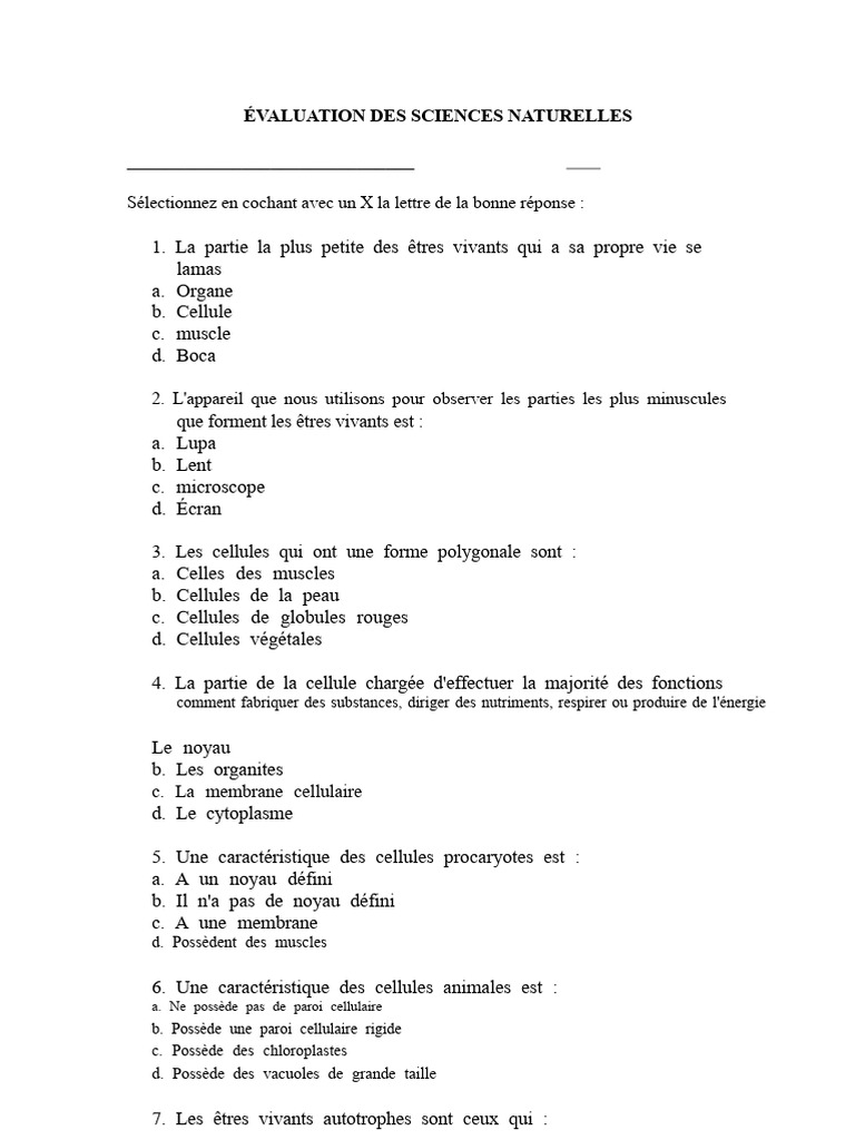 Évaluation des connaissances en sciences naturelles | PDF | Cellule ...