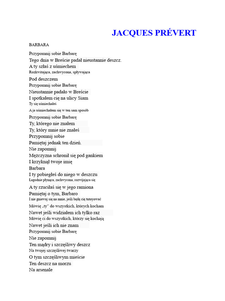 Jacques Prévert Barbara | PDF