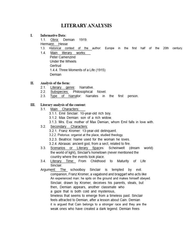 Literary Analysis of Demian - Hermann Hesse | PDF | Hermann Hesse