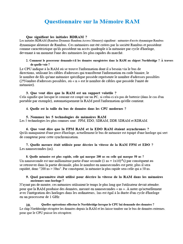 Questionnaire sur la Mémoire RAM | PDF | Mémoire vive | Informatique