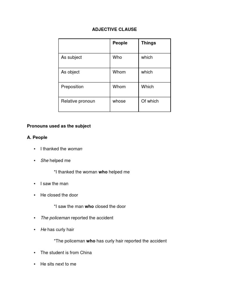 Adjective Clauses: A Guide to Using Pronouns as Subjects, Objects, and ...