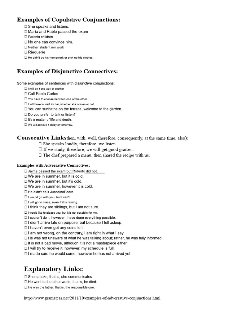Examples of Copulative, Disjunctive, Consecutive, Adversative, and Explanatory Connectors | PDF