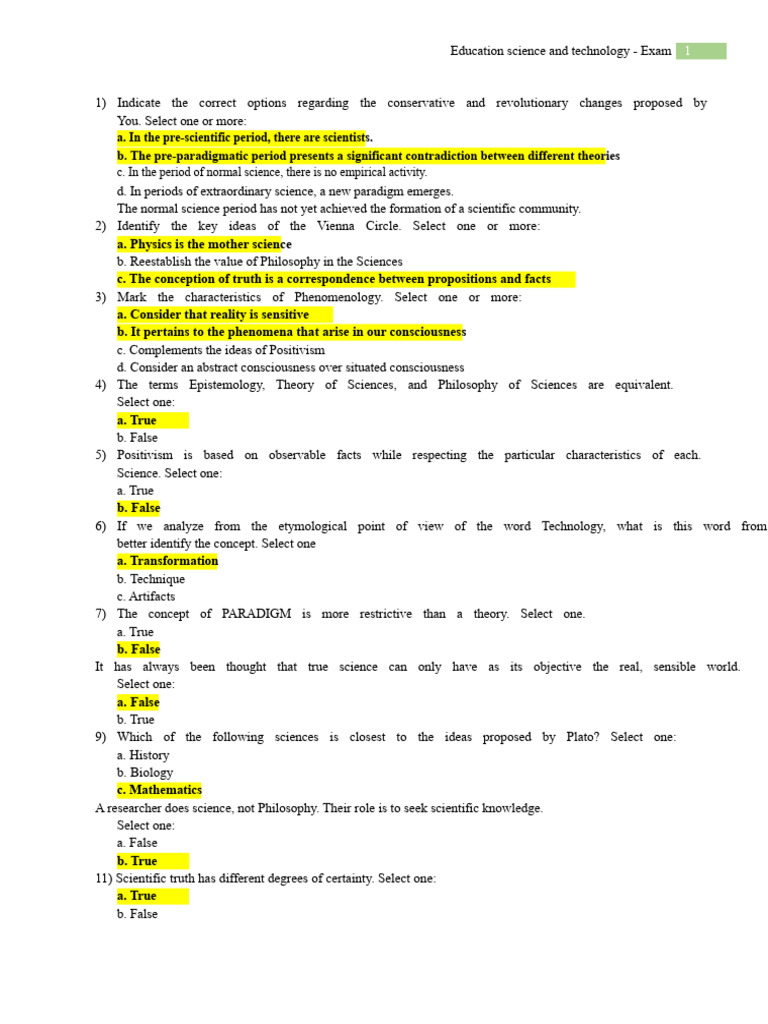 Education Science and Technology Exam Guide | PDF | Truth | Science