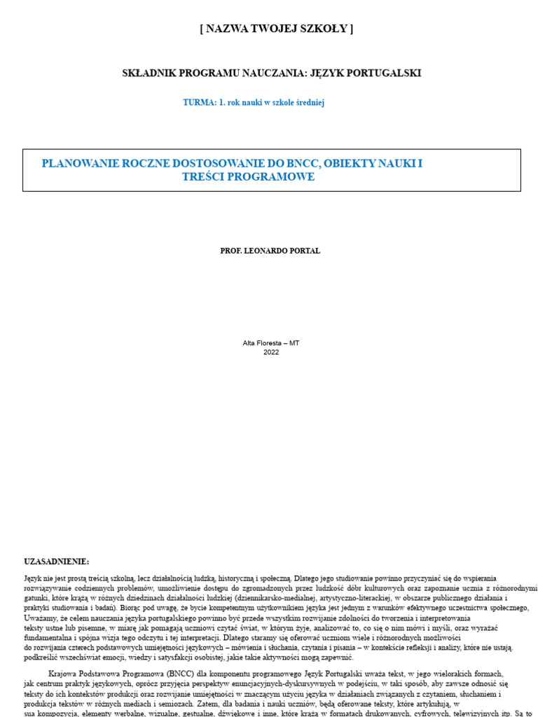 Roczny Plan Język Polski 1 Średni | PDF