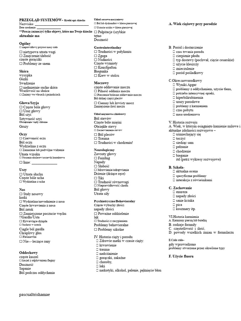 Formularz Oceny Niemowlęcia | PDF
