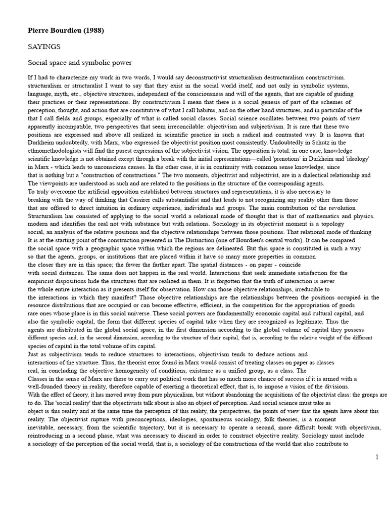 Summary - Pierre Bourdieu (1988) "Social Space and Symbolic Power ...