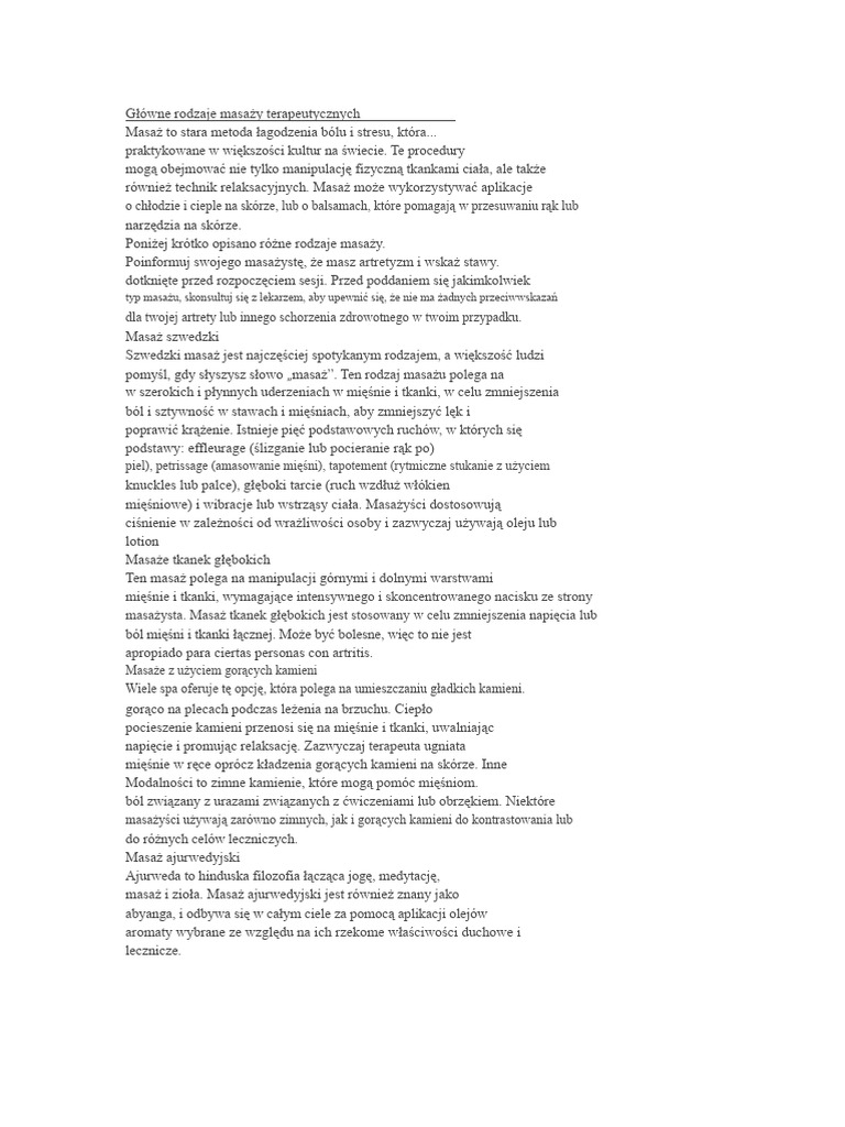 Główne Rodzaje Masaży Terapeutycznych | PDF
