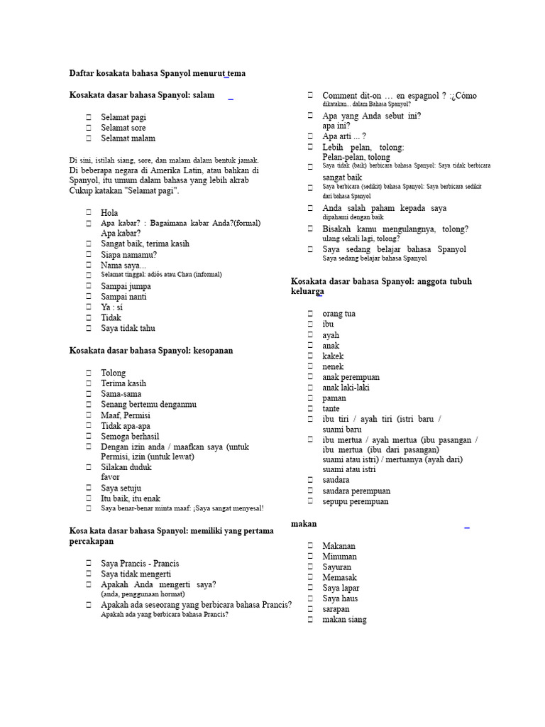 Daftar Kosakata Spanyol Berdasarkan Tema | PDF