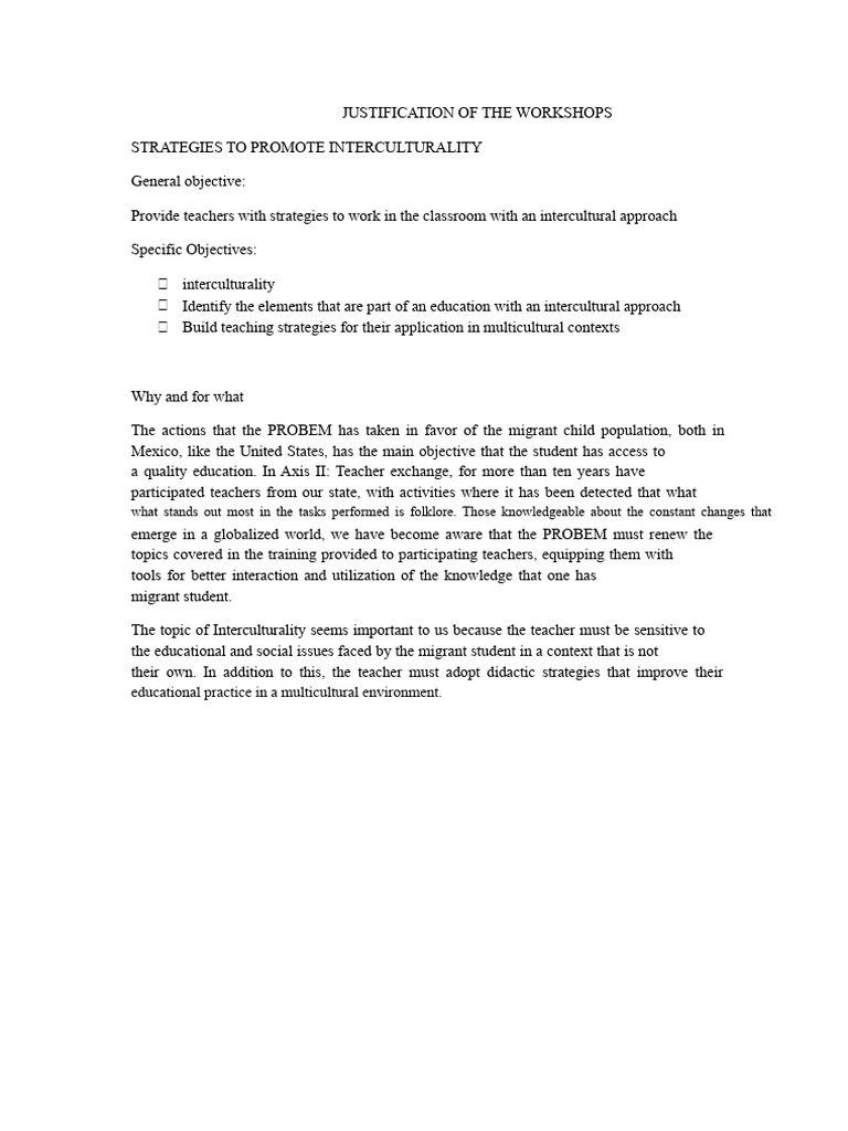 Justification of the Workshops | PDF | Teachers | Cross Cultural Communication