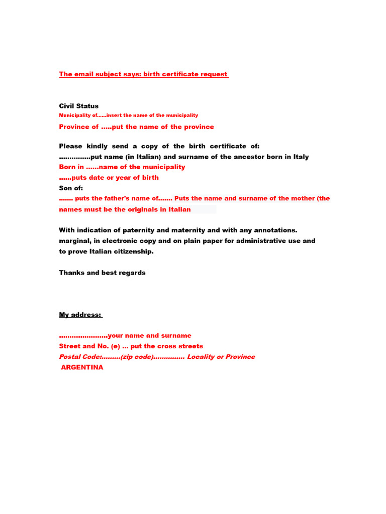 Italian Birth Certificate Request Form | PDF