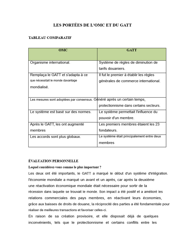 Comparaison OMC et GATT : Impact et Évolution | PDF | Accord général ...
