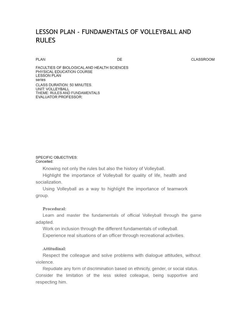 Volleyball Rules and Fundamentals Lesson Plan | PDF | Volleyball ...