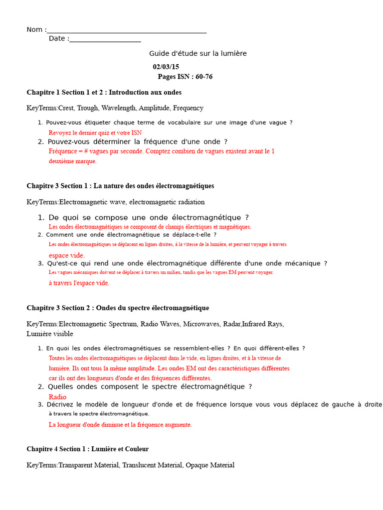Guide d'étude sur la lumière et les ondes | PDF | Lumière | Réflexion ...