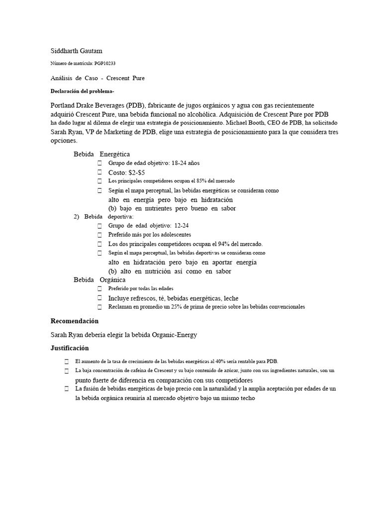 Estrategia de Posicionamiento para Crescent Pure | PDF