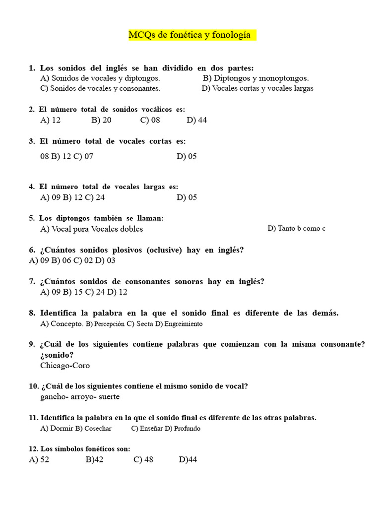 Preguntas de Opción Múltiple Sobre Fonética y Fonología | PDF | Vocal ...