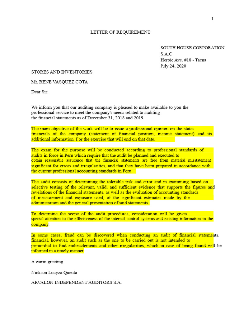 Audit Requirement Letter for Financials | PDF
