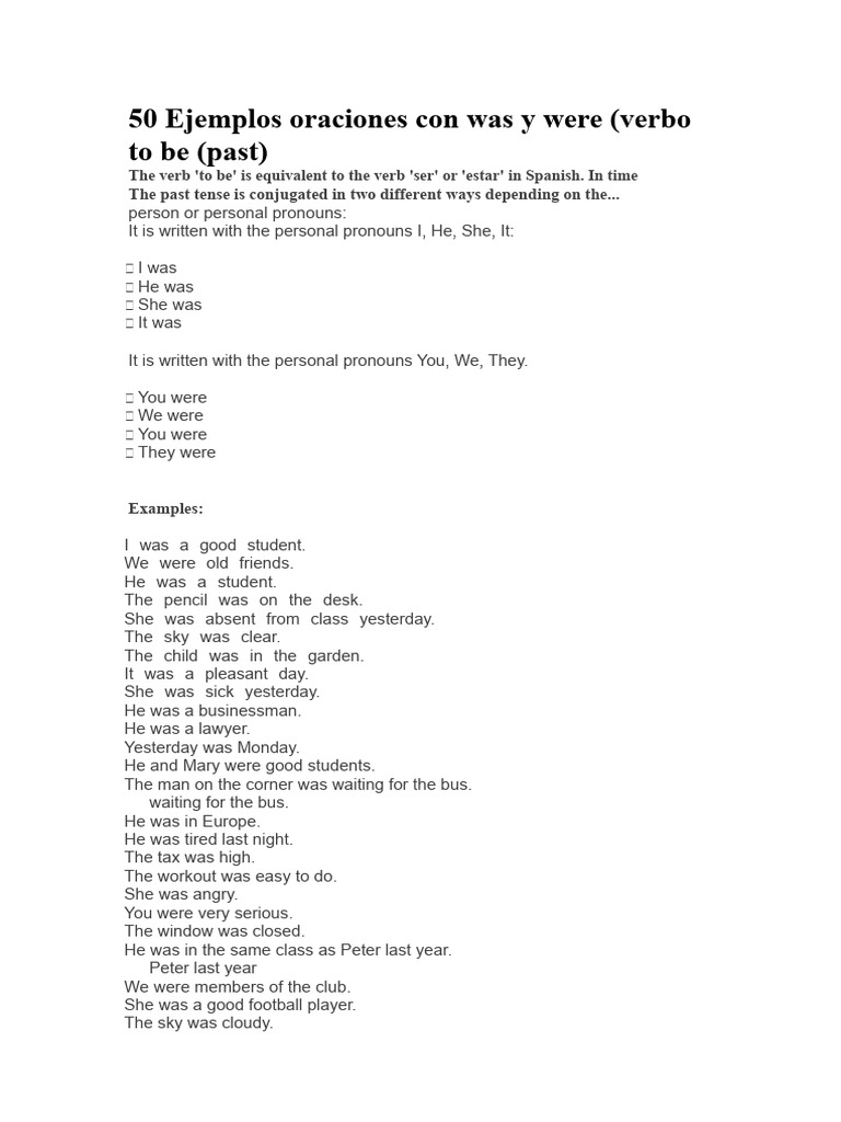 50 Examples of "Was" and "Were" Sentences | PDF | English Language | Verb
