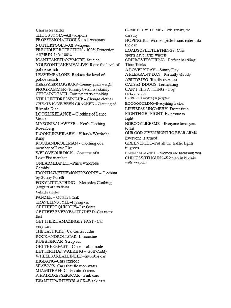 GTA San Andreas Cheat Codes Guide | PDF