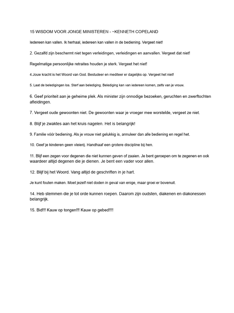 15 WISDOM VOOR JONGE MINISTERS - ~KENNETH COPELAND | PDF