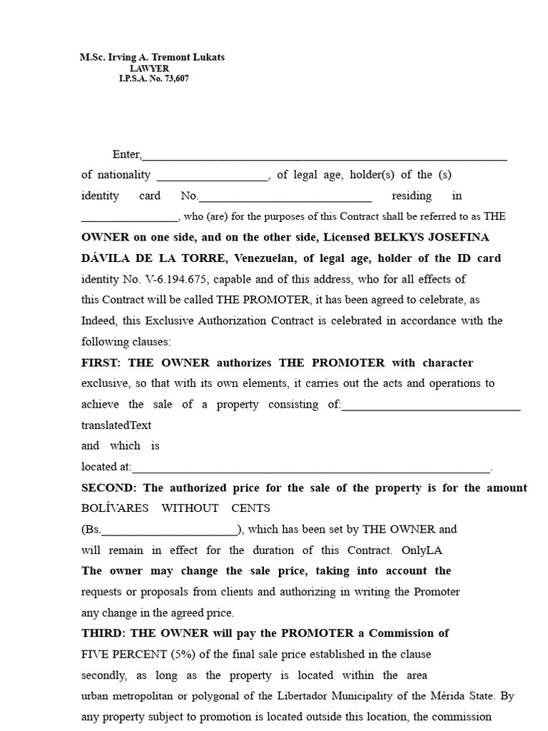 Exclusivity Authorization Format | PDF | Prices | Private Law