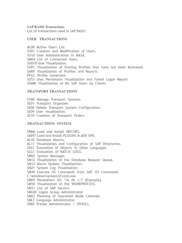 SAP BASIS Transactions | PDF | Databases | Computer Science