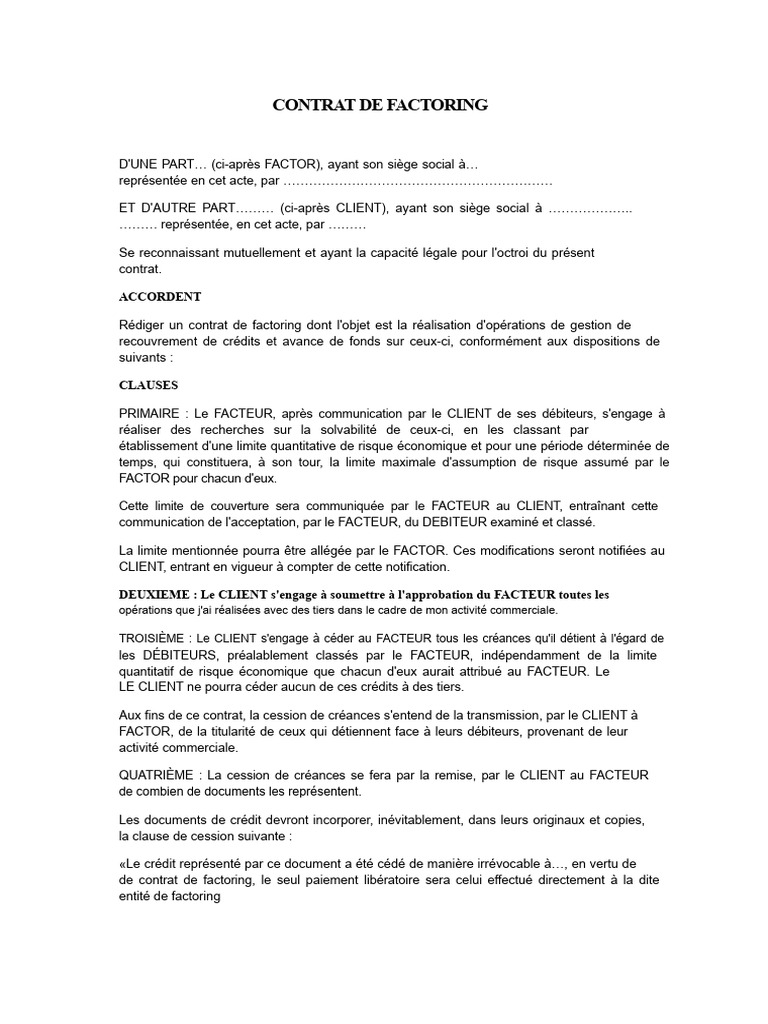 Contrat de Factoring : Conditions et Obligations | PDF | Crédit ...