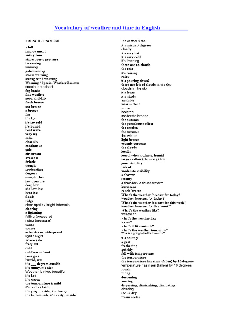 English Weather Vocabulary Guide | PDF | Weather | Wound