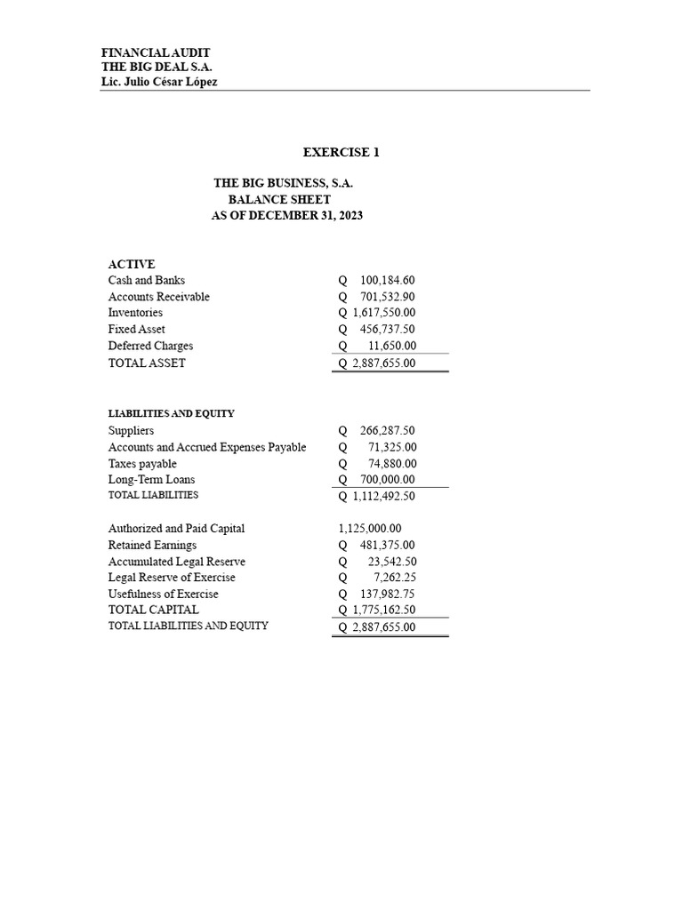 Exercise 1 Audit Ver 2024 | PDF | Balance Sheet | Expense