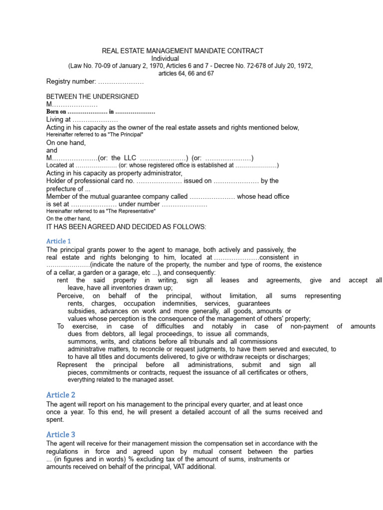 Real Estate Management Mandate Model - PDF Format | PDF | Lease ...