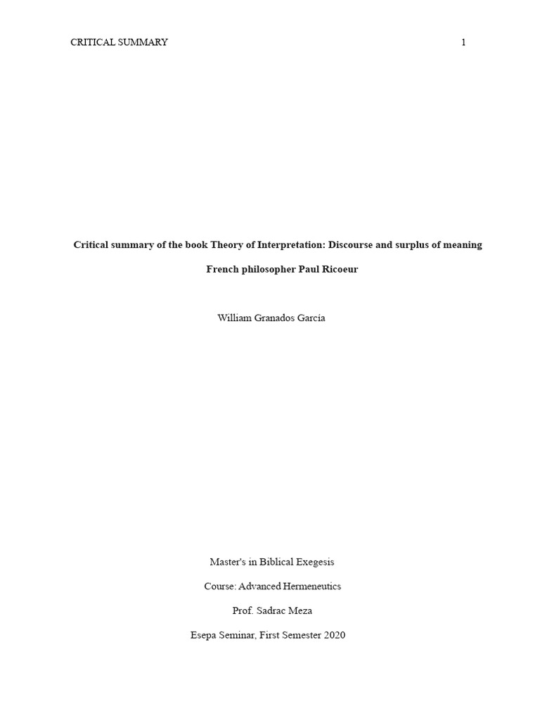 Theories of Interpretation by Ricoeur Summary | PDF | Semantics | Metaphor